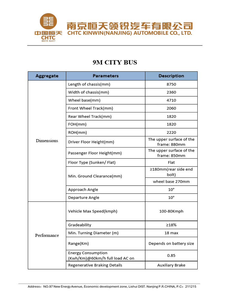Specifications for 9M City Bus Model | PDF | Brake | Axle