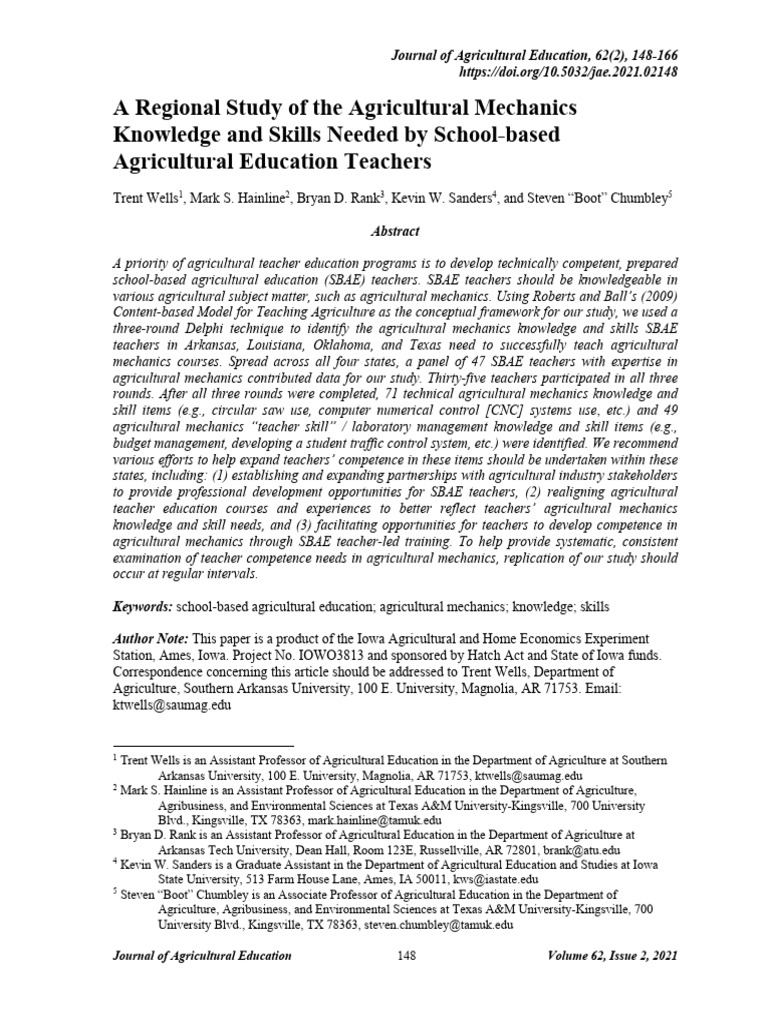A Regional Study of the Agricultural Mechanics Knowledge and Skills ...