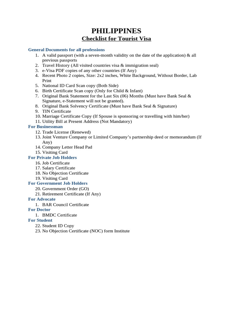 Philippines Tourist Visa Checklist | PDF
