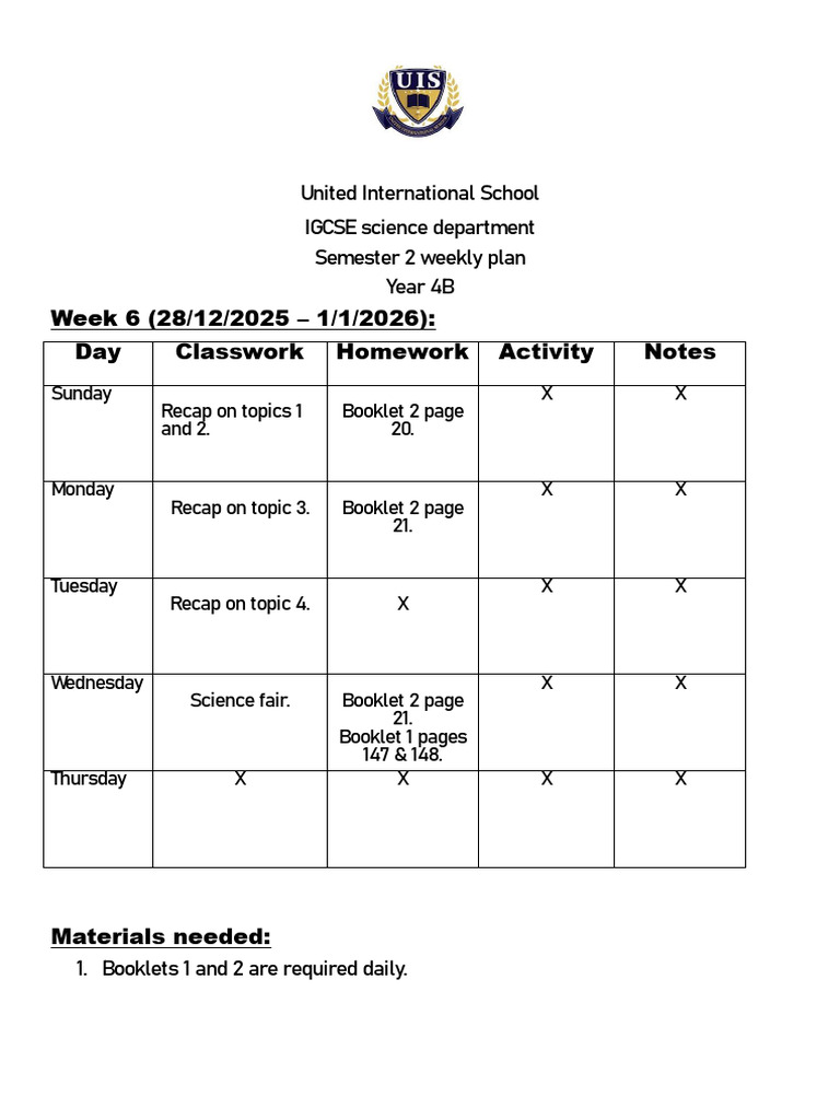 4B Week 6 Weekly Plan | PDF
