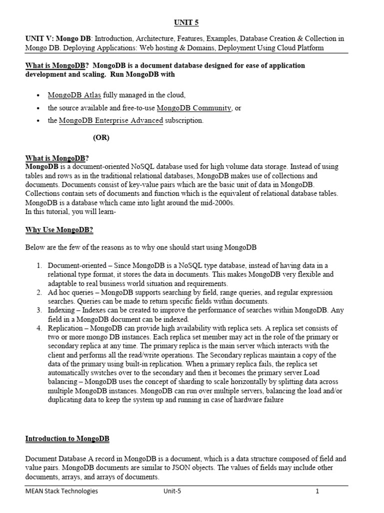 MEAN Stack Technologies Unit-5 | PDF | Mongo Db | Databases