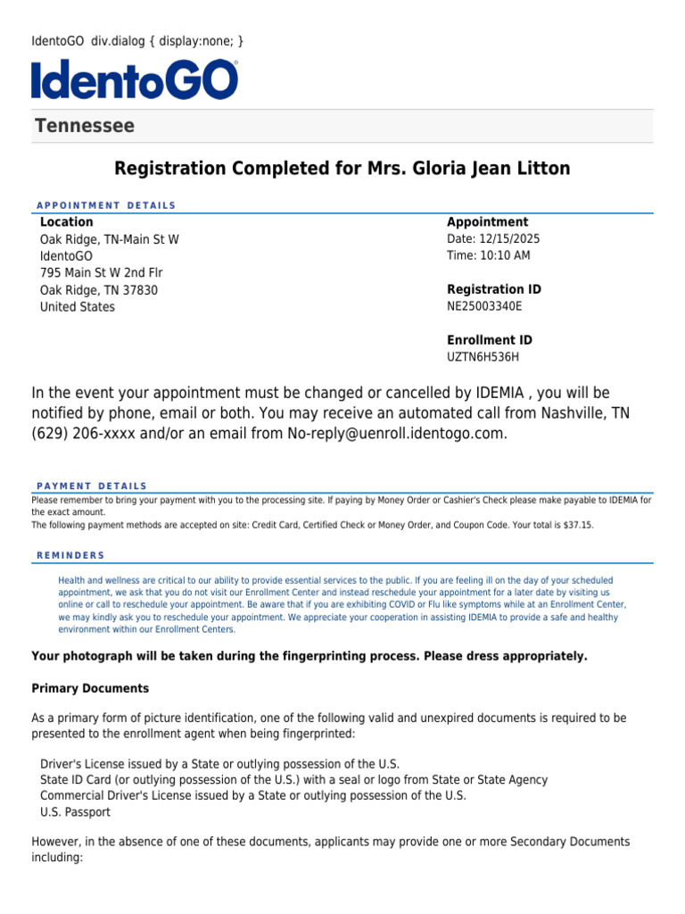 IdentoGO Appointment Confirmation TN | PDF | Identity Document ...