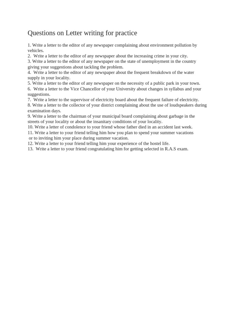 Questions on Letter Writing for Practice | PDF