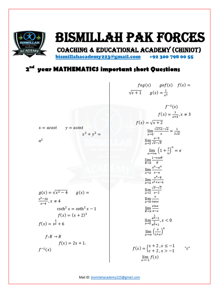 2nd Year Math Short Questions | PDF | Ellipse | Mathematical Analysis