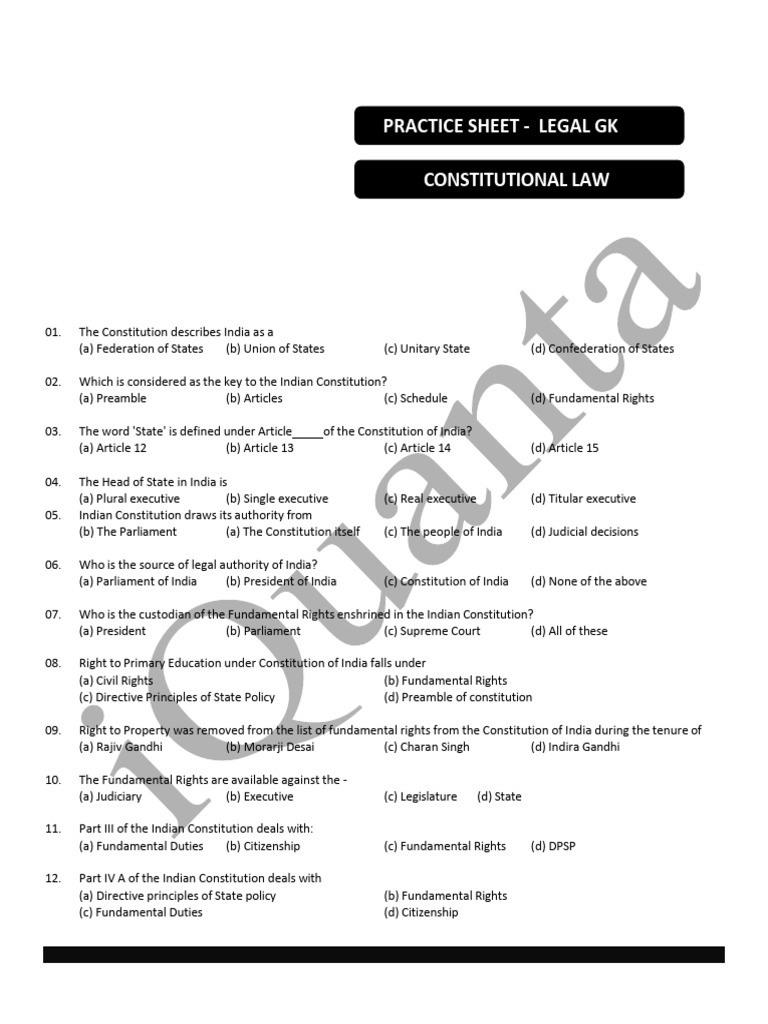 Indian Constitution Legal GK Quiz | PDF | Government Of India ...