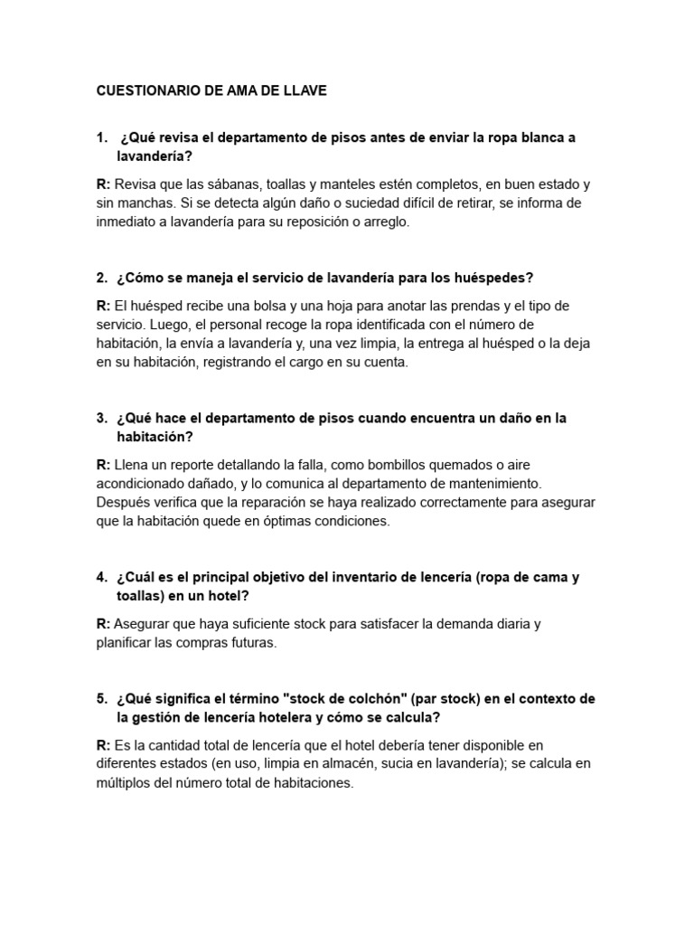 Cuestionario de Ama de Llave | PDF | Hotel