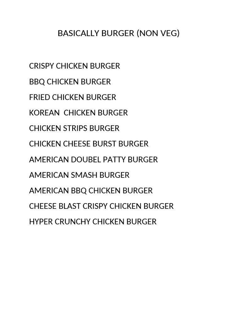 Basically Burger Menu List Non Veg | PDF