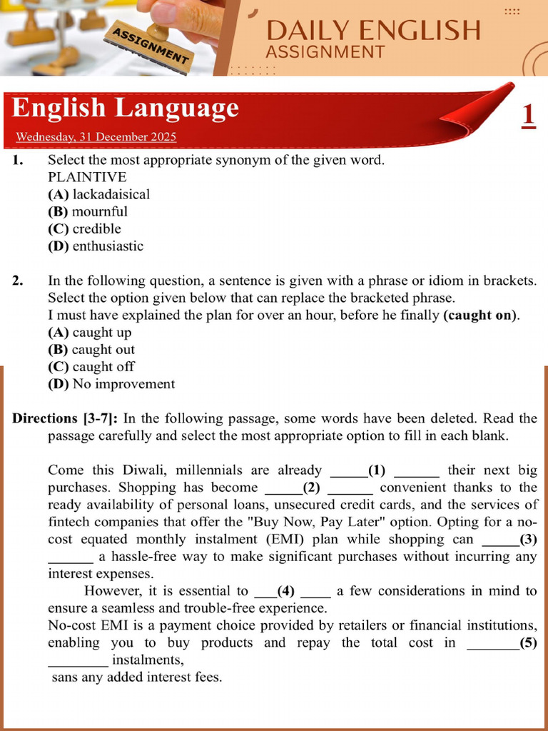 English Language Assignment With Ans. & Explanations_ 31-12-2025 | PDF