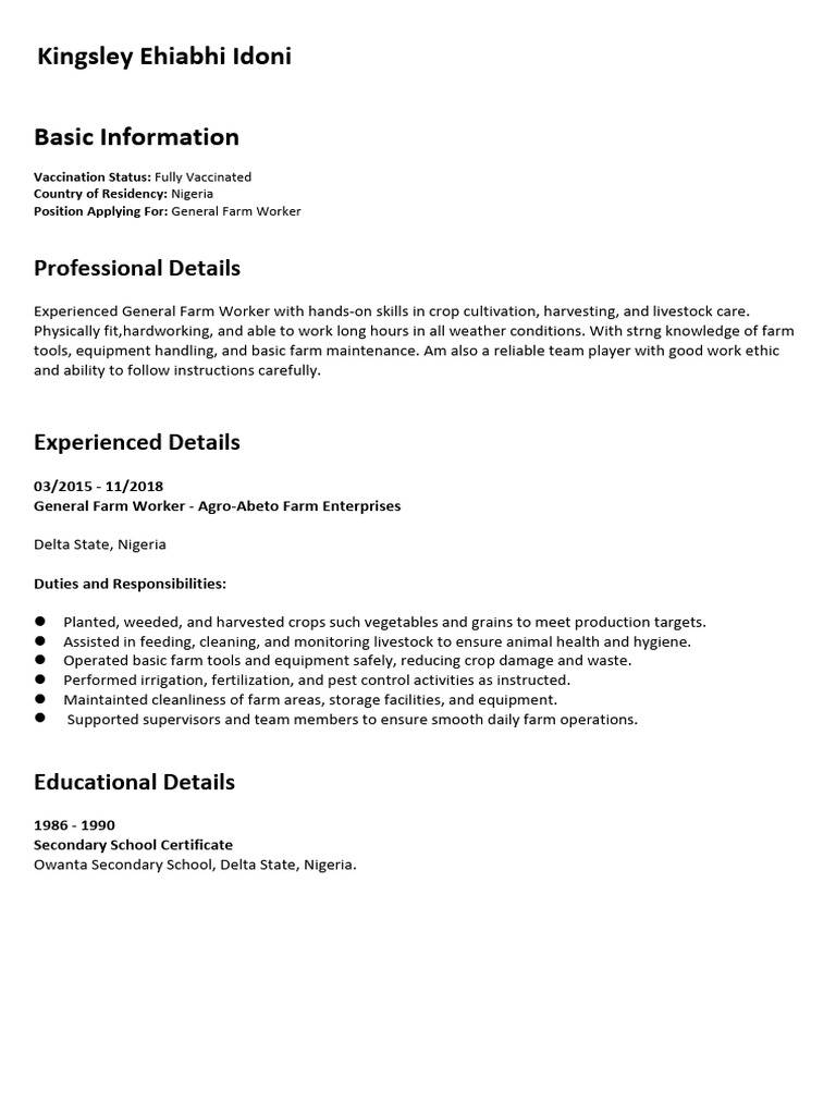 Experienced General Farm Worker Resume | PDF