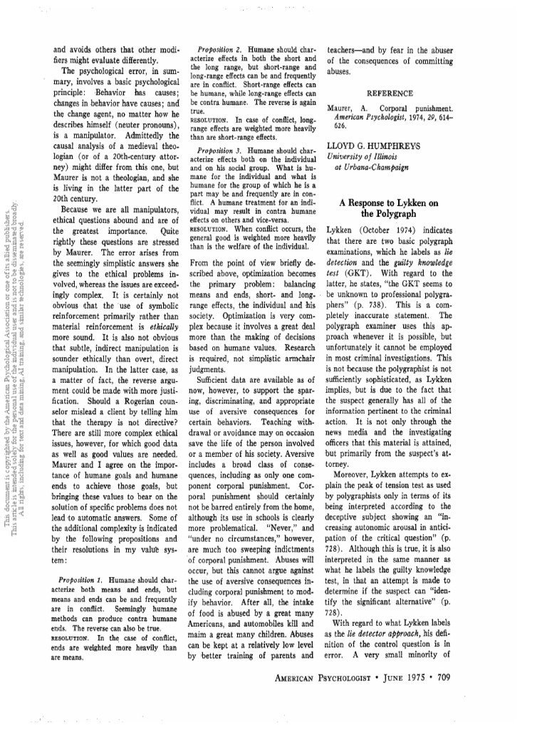 A Response To Lykken On The Polygraph | PDF | Polygraph