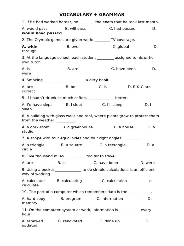 Vocabulary and Grammar Quiz | PDF