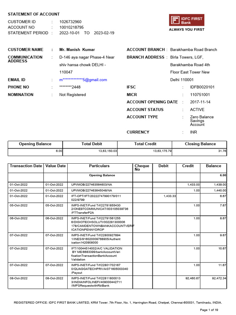 IDFCFIRSTBankstatement_10010218795 | PDF | Payments | Debits And Credits