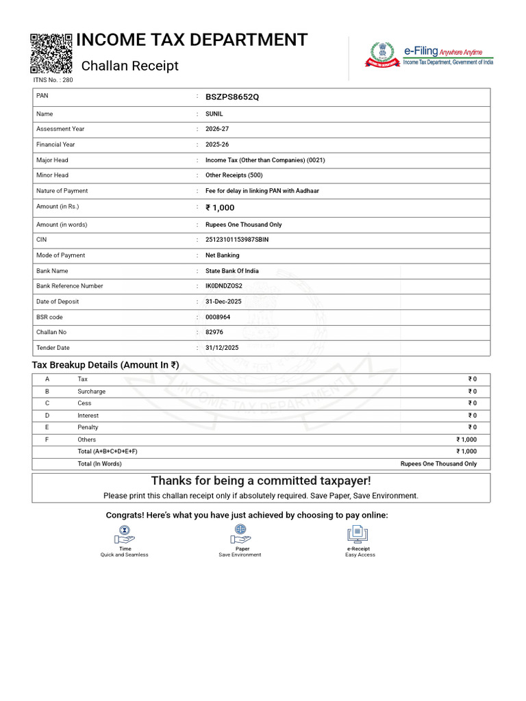 Income Tax Challan Receipt for PAN-Aadhaar Link | PDF | Taxes | Taxation