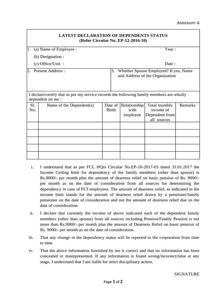 Dependent Status Declaration Form | PDF | Income | Pension