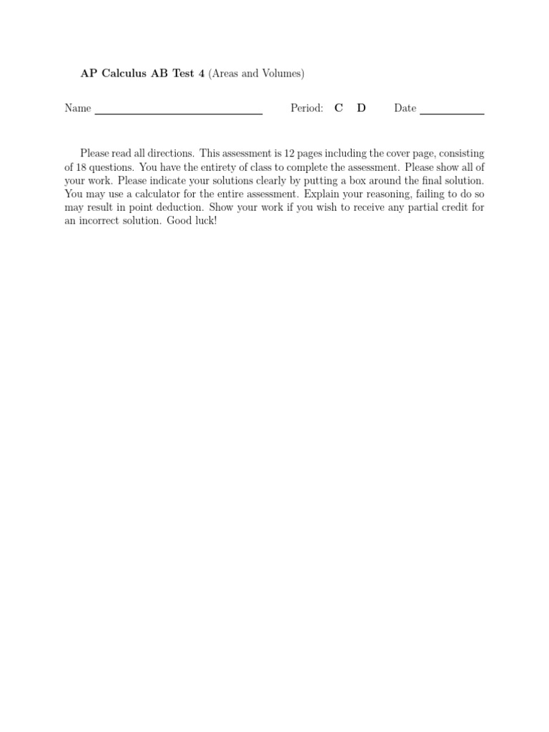 AP Calculus AB Test 4 Areas and Volumes Copy 10 | PDF | Euclidean ...