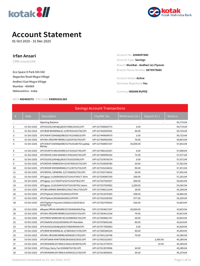 Savings Account Statement: Oct-Dec 2025 | PDF | Personal Finance ...