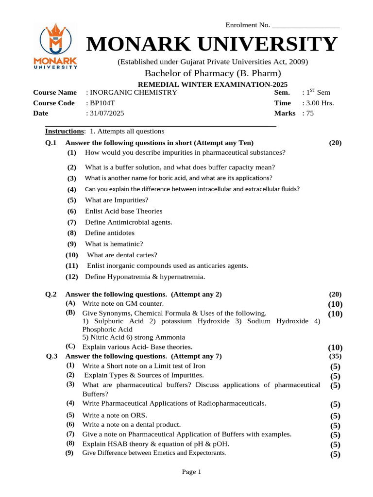 university Inorganic chemistry 2025 REMEDIAL | PDF | Buffer Solution | Acid