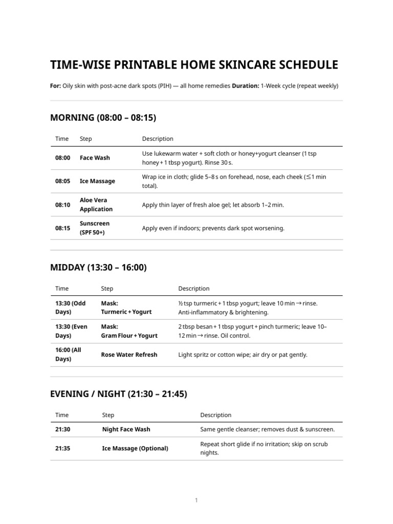 Printable 1‑Week Home Skincare Schedule — Oily, Post‑Acne Pih | PDF ...