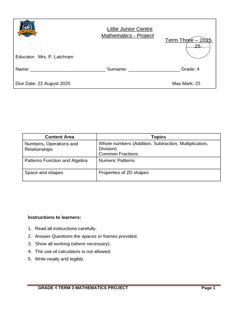 Grade 4 Term 3 Math Project Guide | PDF | Multiplication | Elementary ...