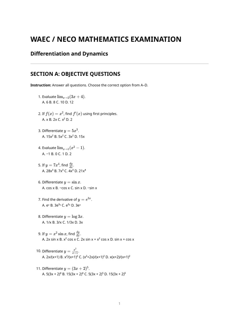 Waec - Neco Mathematics - Differentiation and Dynamics | PDF | Force ...