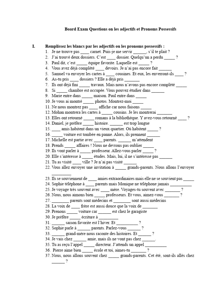 Board Exam Questions On Les Adjectifs Et Pronoms Possessifs | PDF ...