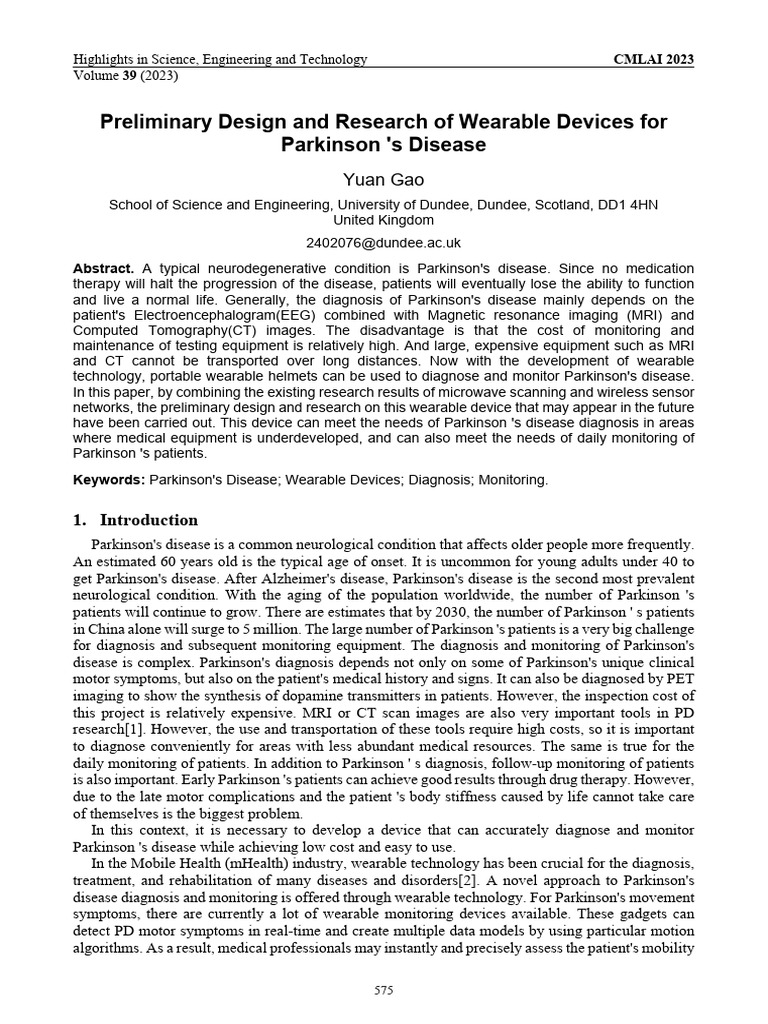 Wearable Device Design for Parkinson's Diagnosis | PDF ...