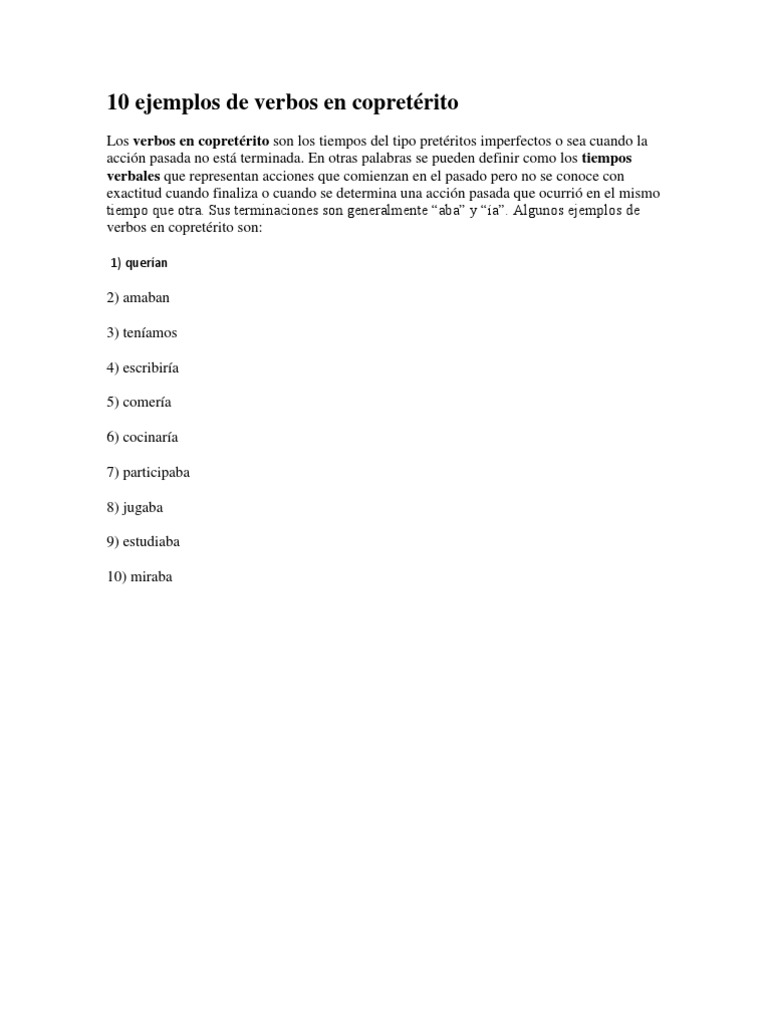 10 Ejemplos De Verbos En Copretérito Pdf Verbo Morfología Lingüística