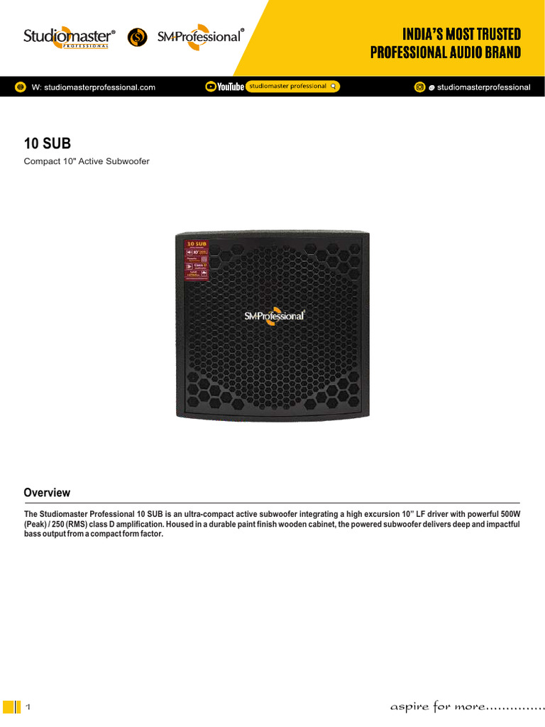 10 SUB Active SubWoofer Datasheet | PDF | Loudspeaker | Electronics