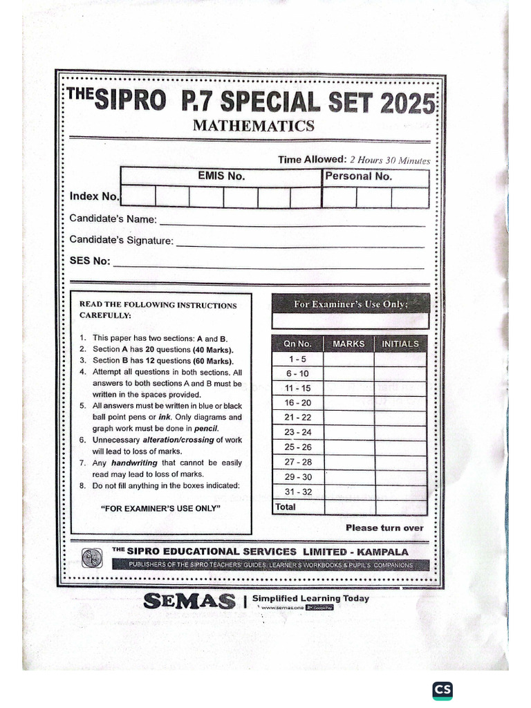 Sipro p.7 Special Set 2025 Math | PDF