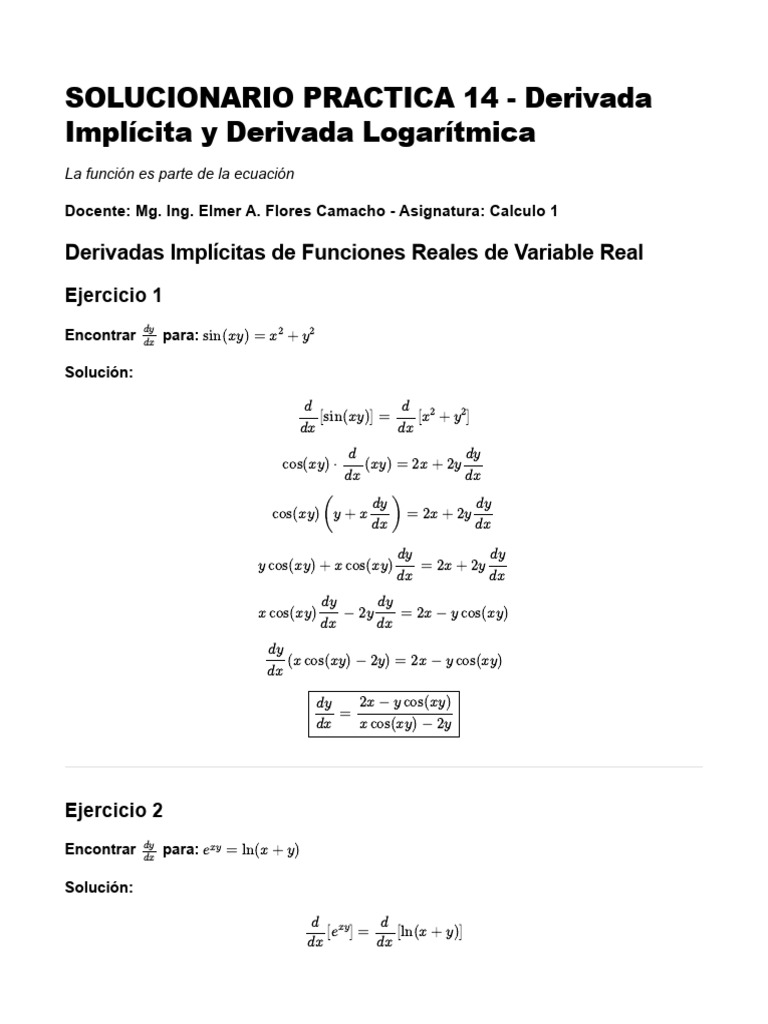 14 Sol Practica 14 - Derivada Implícita y Derivada Logarítmica | PDF ...