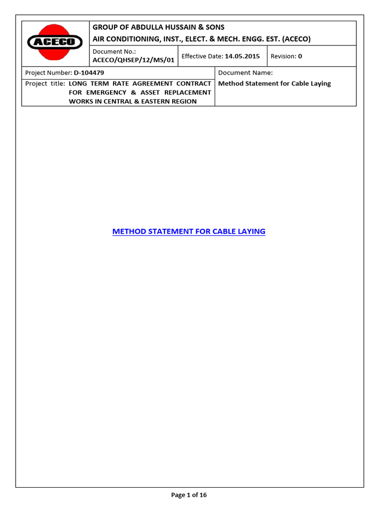 Cable Laying Method Statement Guide | PDF | Emergency | First Aid
