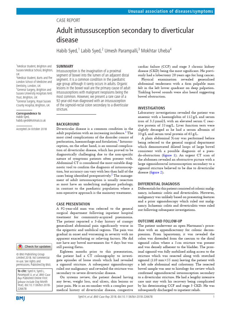 Adult Intussusception from Diverticular Disease | PDF | Medical ...