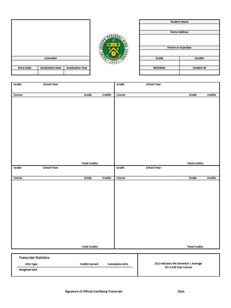 St. Joseph Regional High School Transcript | PDF