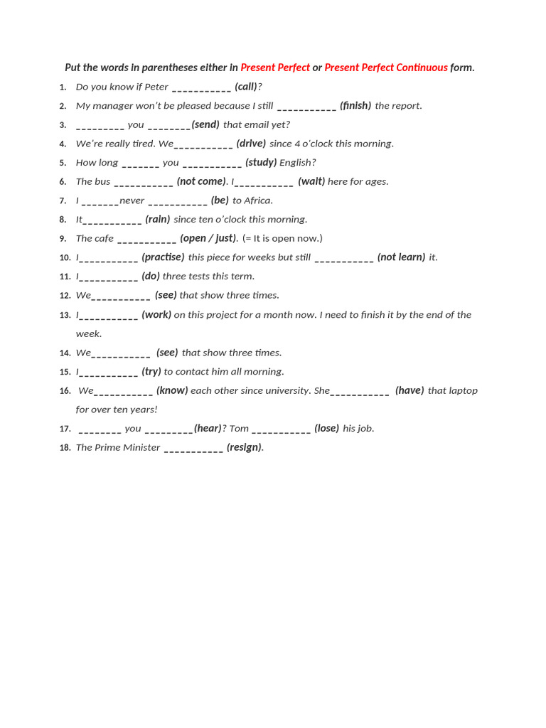 Present Perfect or Present Perfect Continuous Form | PDF