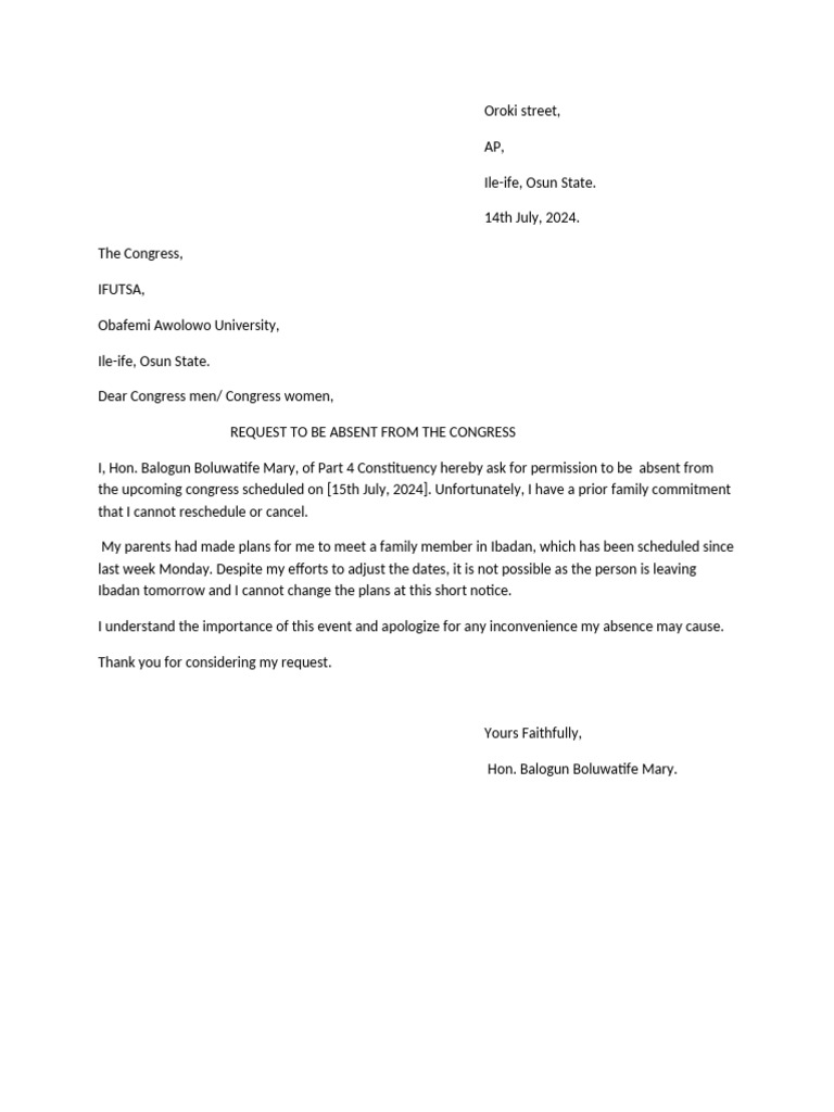 Balogun Boluwatife Notice of Absence | PDF