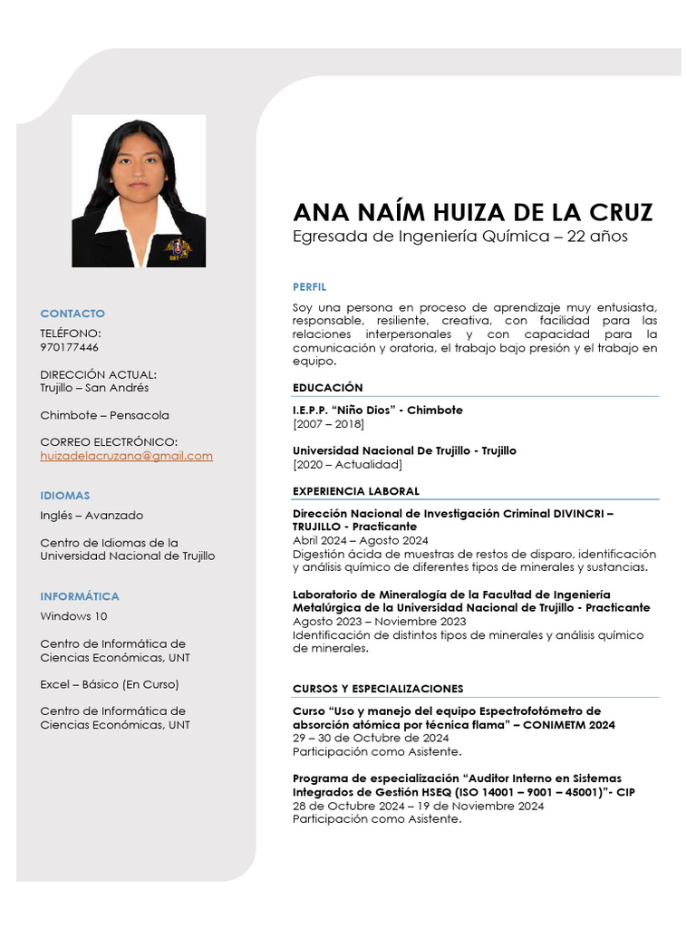 CV DOCUMENTADO - Ana Naím Huiza de La Cruz | PDF | Gas natural licuado ...