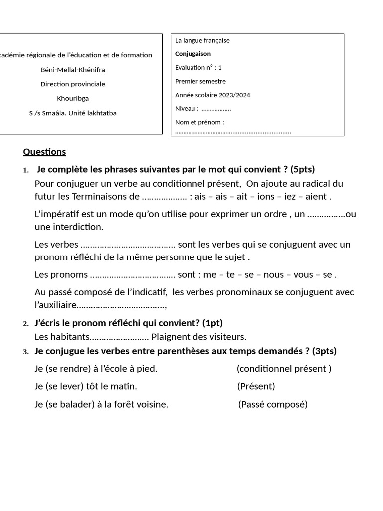 Évaluation de conjugaison en français 2023 | PDF | Verbe | Relations ...