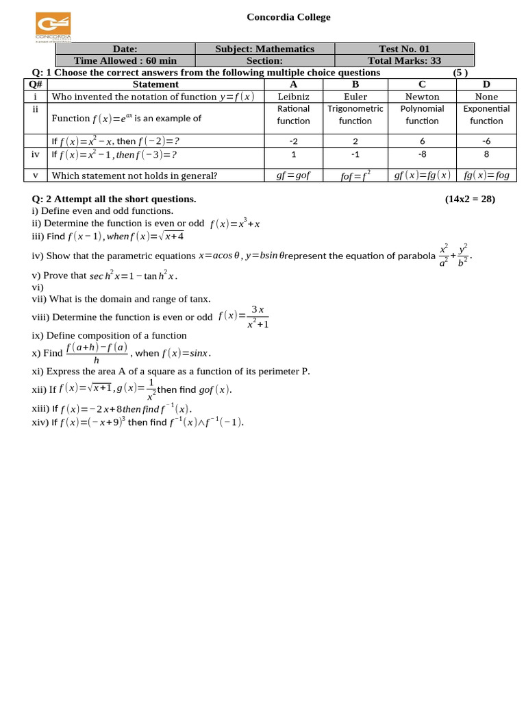 Concordia College Math Test 01 Overview | PDF | Function (Mathematics ...