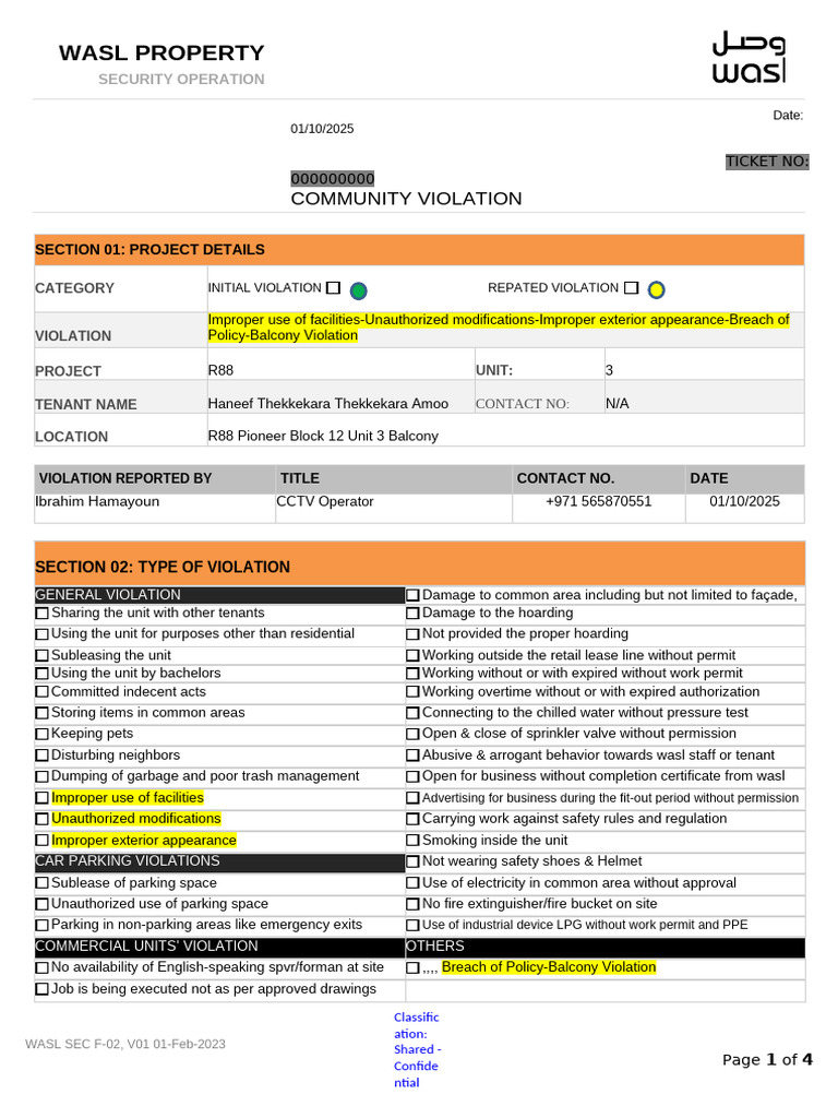 Violation Report - R88 - Pioneer Block 12, Unit 3 - Improper Use of ...