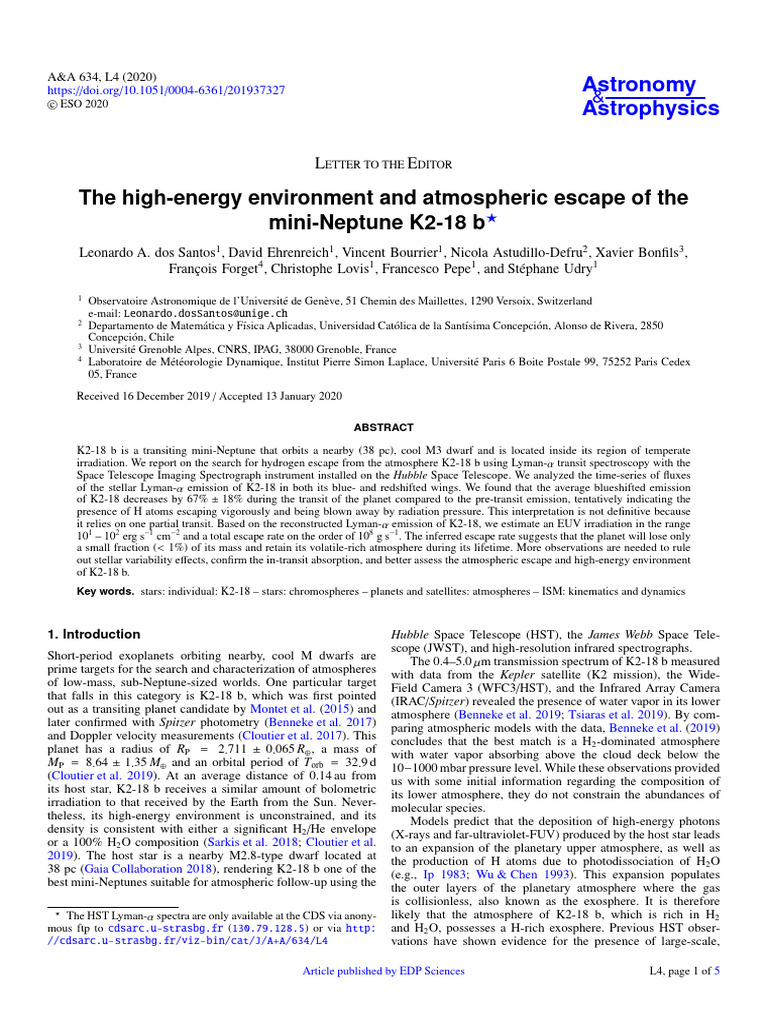 K2-18 b: Atmospheric Escape Insights | PDF | Redshift | Astrophysics