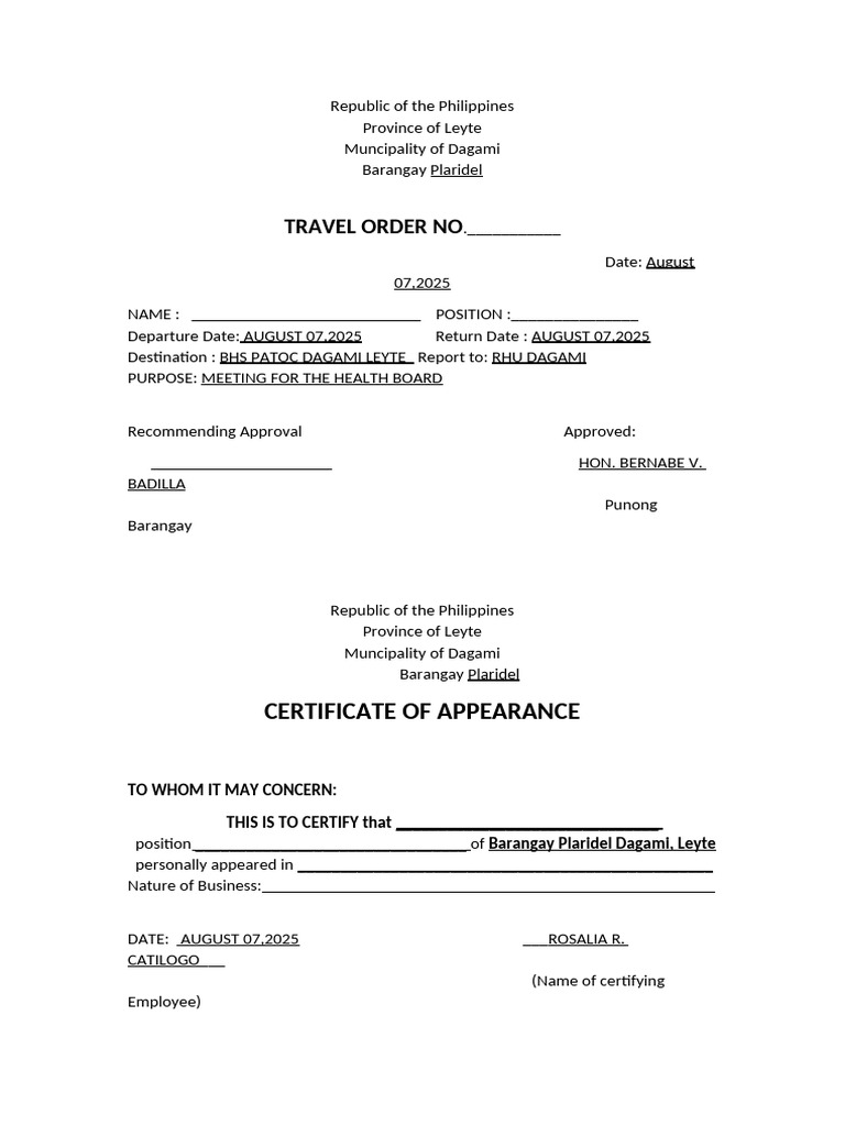 Travel Order and Certificate of Appearance | PDF