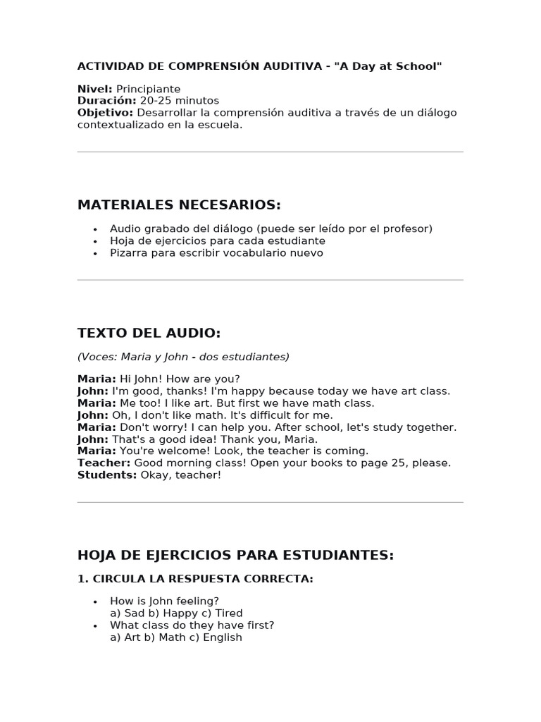Listening Comprehension: A Day at School | PDF