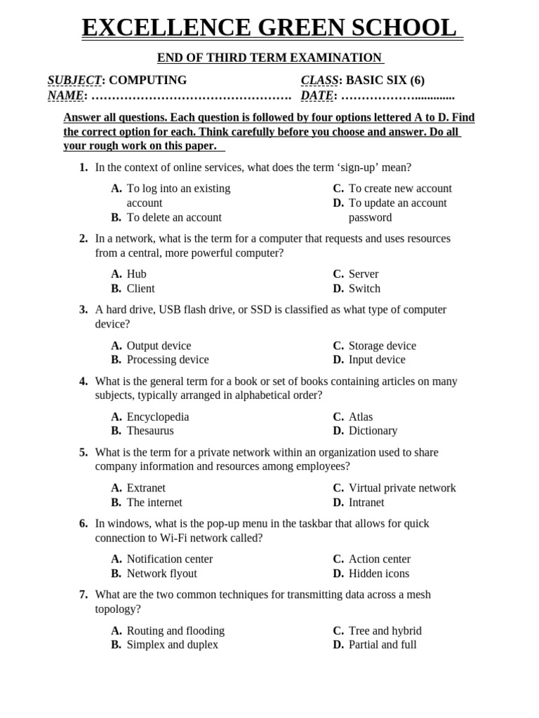 Basic Six Computing Exam Questions | PDF | Computer Network | Computer ...