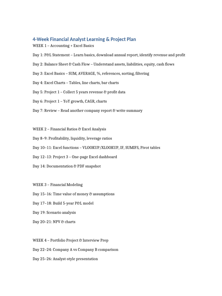 4 Week Financial Analyst Tasks | PDF