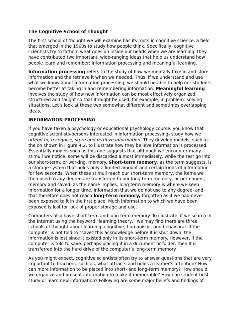 The Cognitive School of Thought | PDF | Learning | Memory