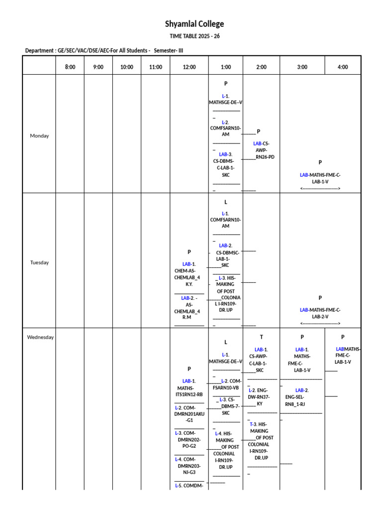 Time Table Sec_vac | PDF