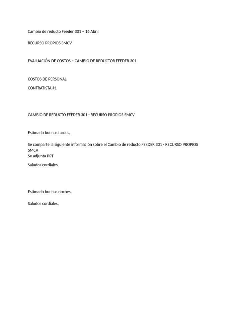 Cambio Reductor Feeder 301 - Costos SMCV | PDF