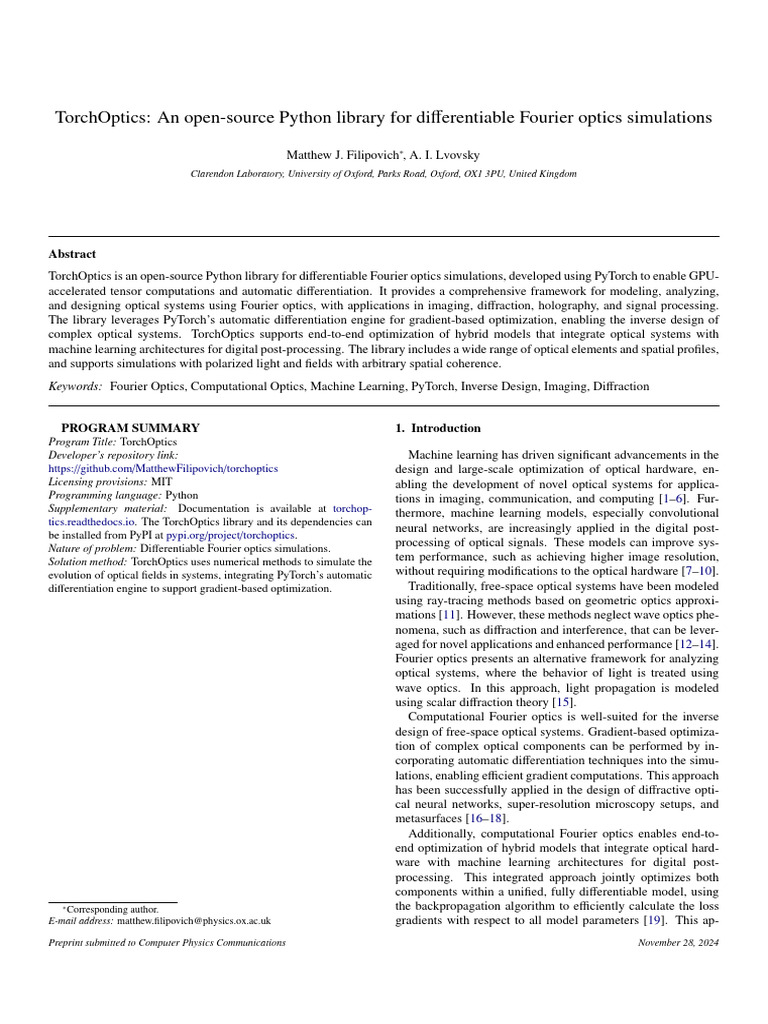TorchOptics an Open-source Python Library for Differentiable Fourier Optics Simulations | PDF ...