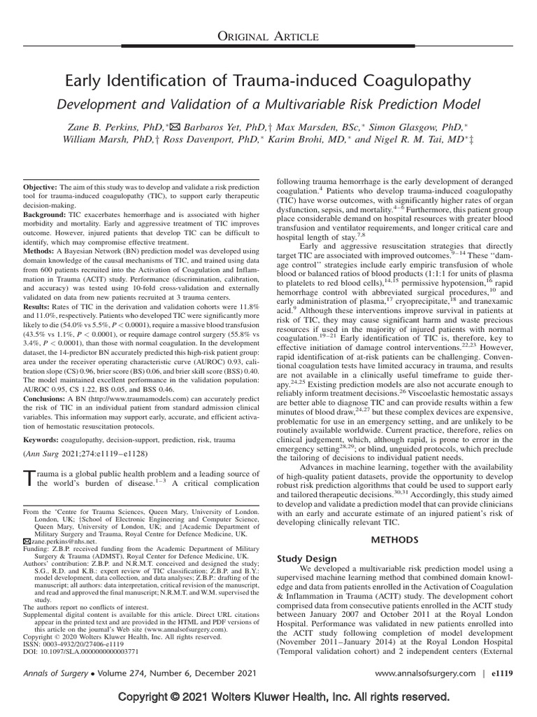Early Identification of Trauma Induced.411 | PDF | Receiver Operating ...