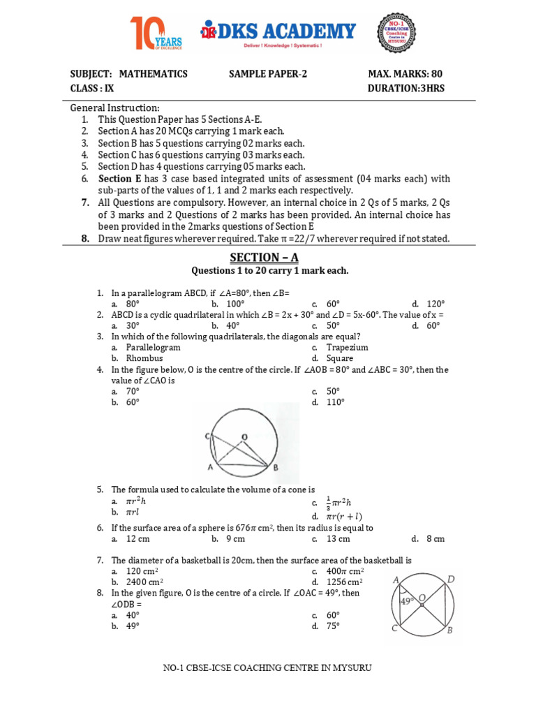Class IX Mathematics Sample Paper | PDF | Area | Rectangle